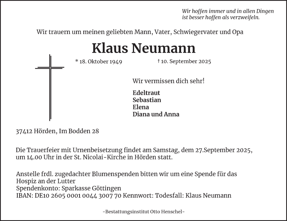 Traueranzeigen von Klaus Neumann | Harztrauer.de